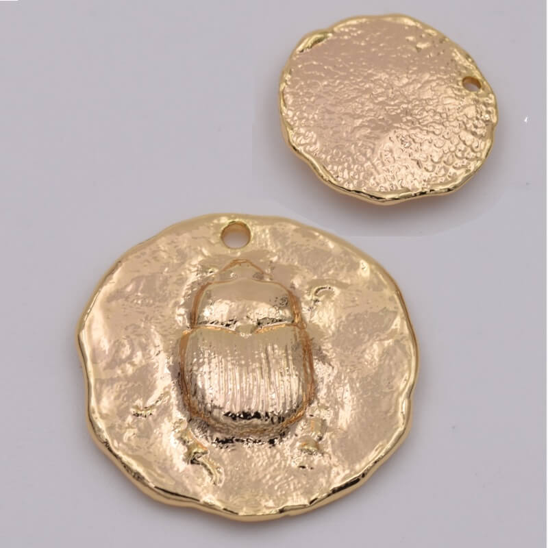 Scarab round medal pendant Golden brass - 18mm - Hole: 1mm (1)
