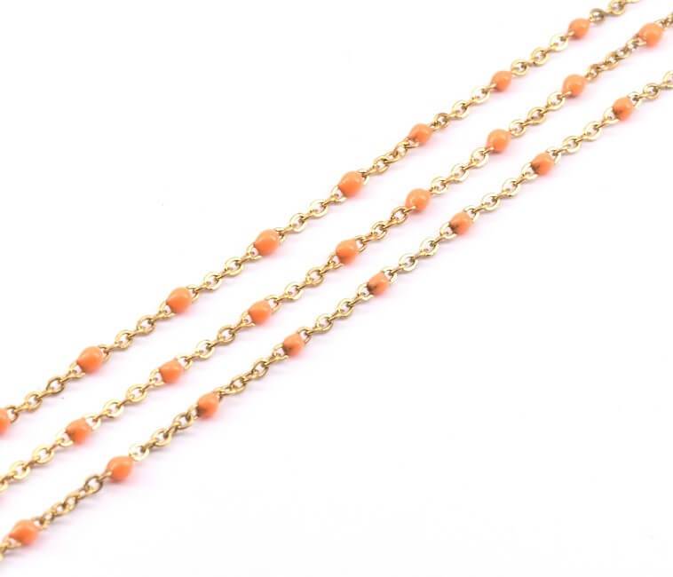 Stainless Steel fine Chain, Golden with Orange Enamel 2x1.5x0.5mm (50c