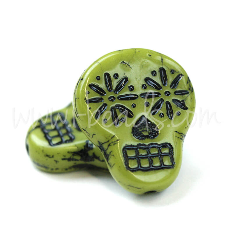 Czech pressed glass sugar skull green and black 15x19mm